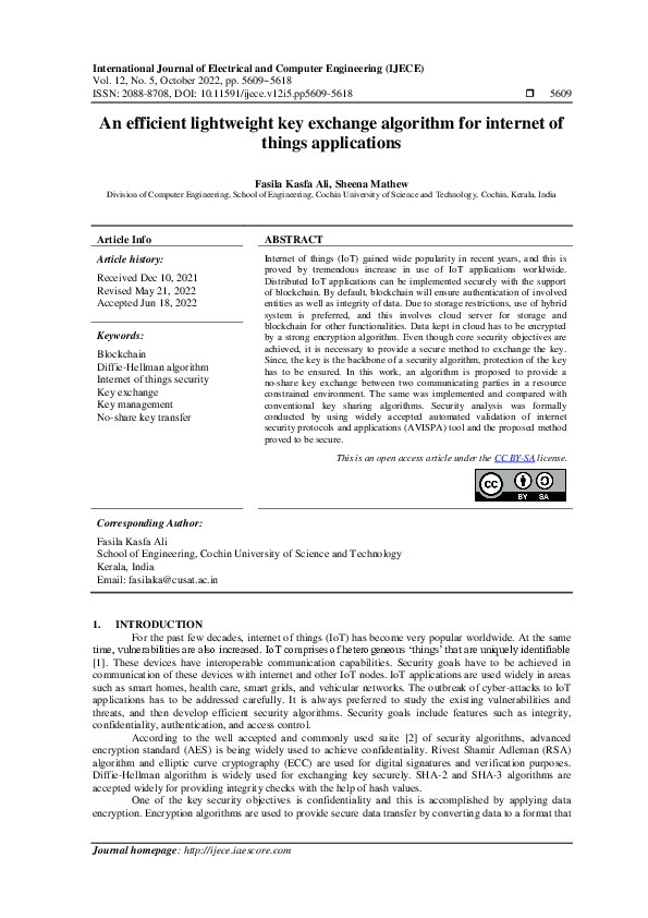 (PDF) An efficient lightweight key exchange algorithm for internet of things applications