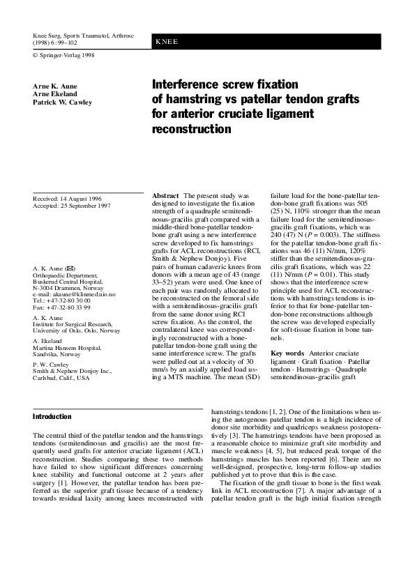 (PDF) Interference screw fixation of hamstring vs patellar tendon grafts for anterior cruciate ...