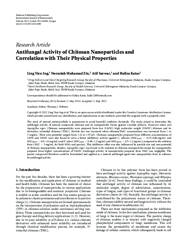 Pdf Antifungal Activity Of Chitosan Nanoparticles And Correlation