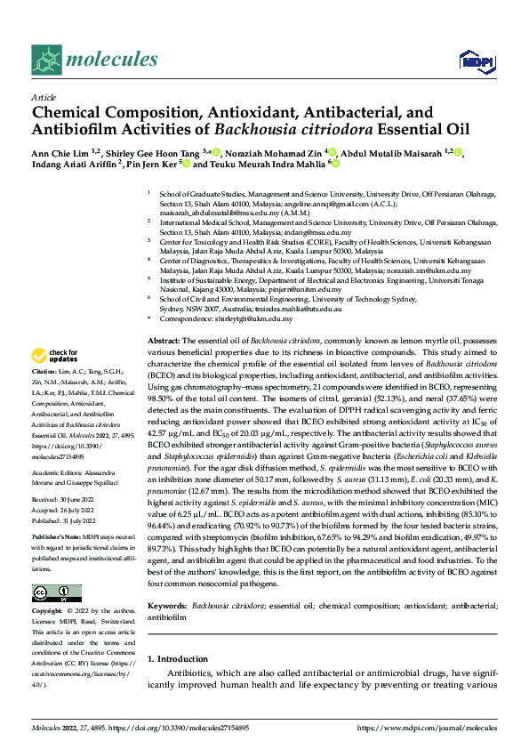 (PDF) Chemical Composition, Antioxidant, Antibacterial, and Antibiofilm Activities of Backhousia ...