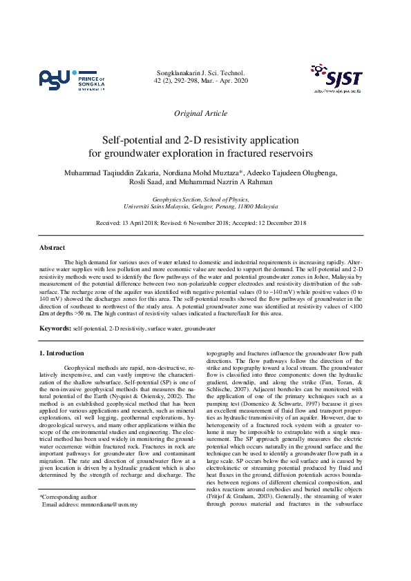 (PDF) Self-potential and 2-D resistivity applicationfor groundwater ...