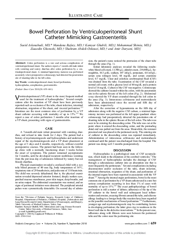 (PDF) Bowel Perforation by Ventriculoperitoneal Shunt Catheter Mimicking Gastroenteritis