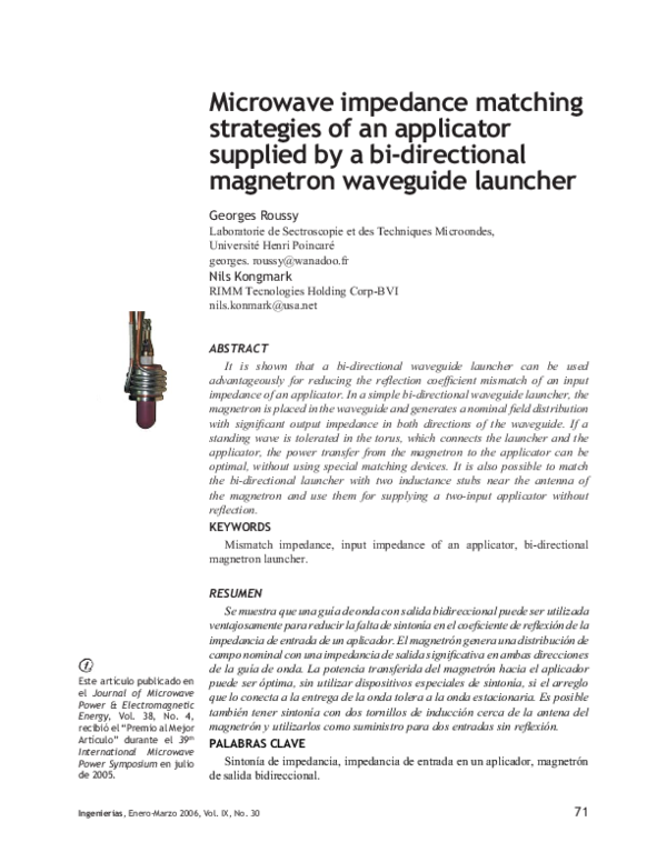 (PDF) Microwave Impedance Matching Strategies of an Applicator Suppliy ...