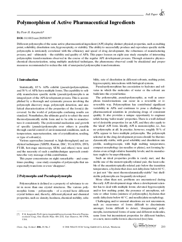 (PDF) Polymorphism of Active Pharmaceutical Ingredients