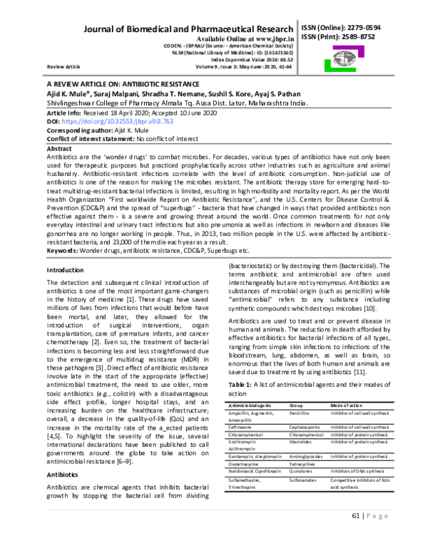 (PDF) A Review Article On: Antibiotic Resistance