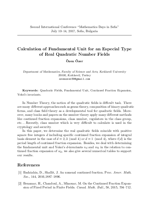 (PDF) Calculation of Fundamental Unit for an Especial Type of Real Quadratic Number Fields Özen ...