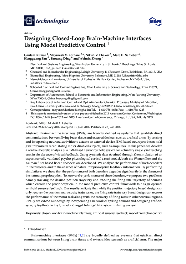 Pdf Designing Closed Loop Brain Machine Interfaces Using Optimal