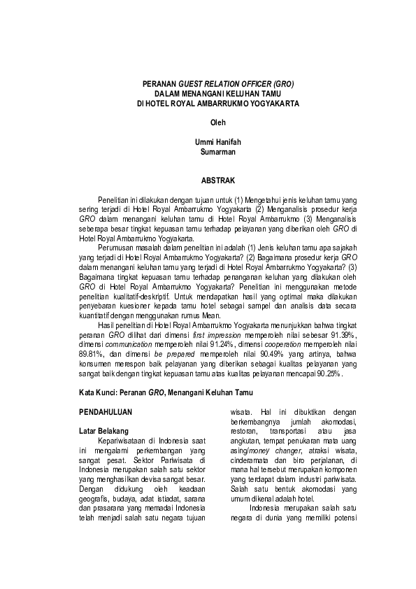 (PDF) Peranan Guest Relation Officer (Gro) Dalam Menangani Keluhan Tamu ...