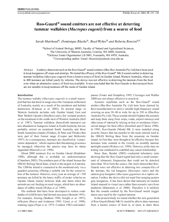 (PDF) Roo-Guard ® sound emitters are not effective at deterring tammar ...