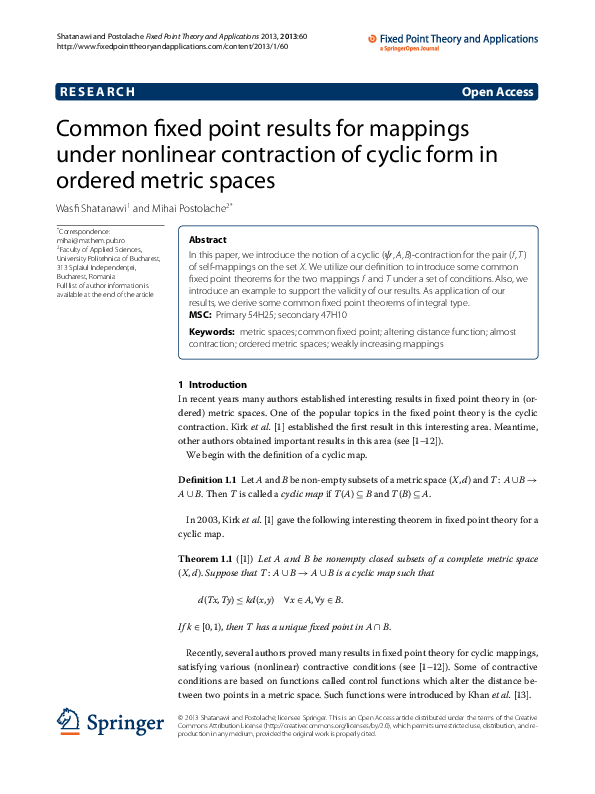 Pdf Common Fixed Point Results For Mappings Under Nonlinear Contraction Of Cyclic Form In