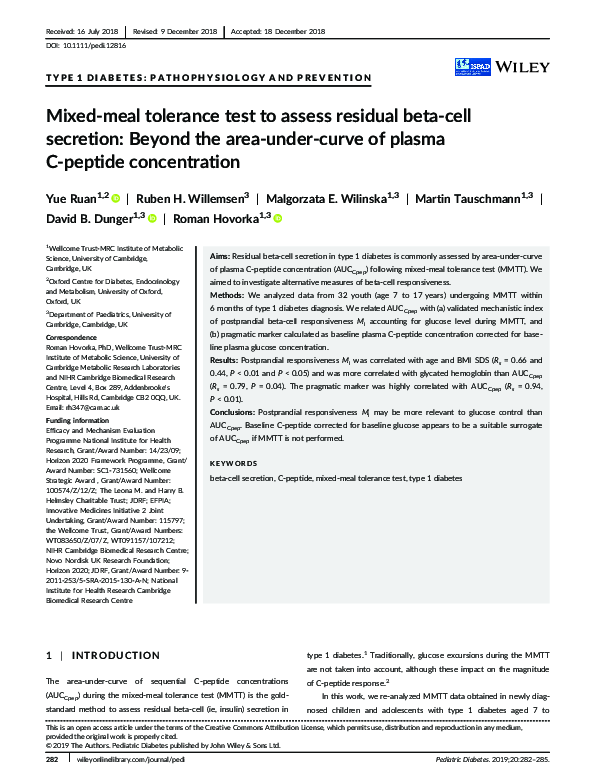 (PDF) Mixed-meal tolerance test to assess residual beta-cell secretion ...