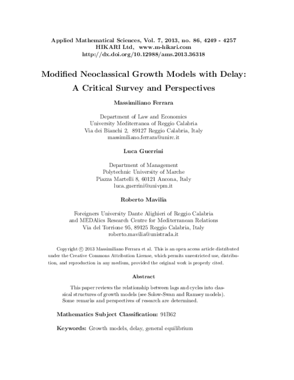 (PDF) Modified neoclassical growth models with delay: A critical survey and perspectives ...