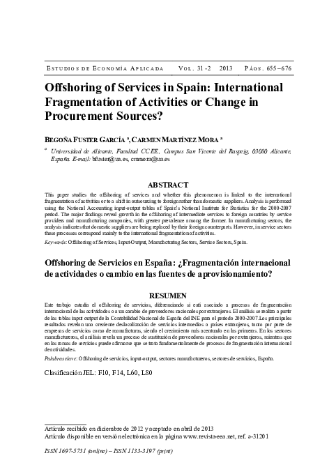 (PDF) Offshoring of Services in Spain: International Fragmentation of ...