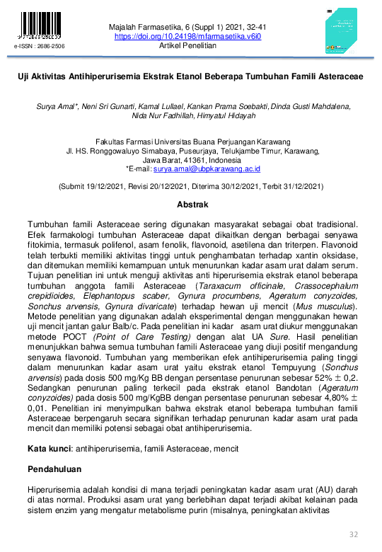 (PDF) Uji Aktivitas Antihiperurisemia Ekstrak Etanol beberapa Tumbuhan Famili Asteraceae