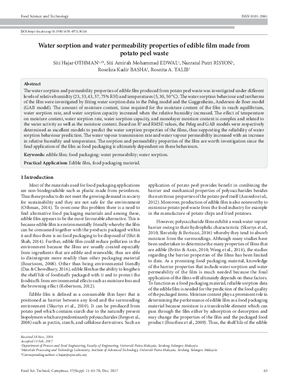 (PDF) Water sorption and water permeability properties of edible film ...