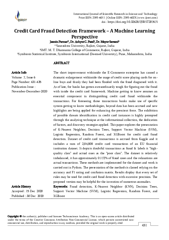Pdf Credit Card Fraud Detection Framework A Machine Learning Perspective Mayur Savsani