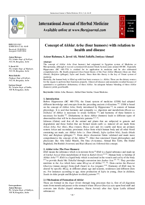 (PDF) Concept of Akhlat Arba (four humors) with relation to health and ...