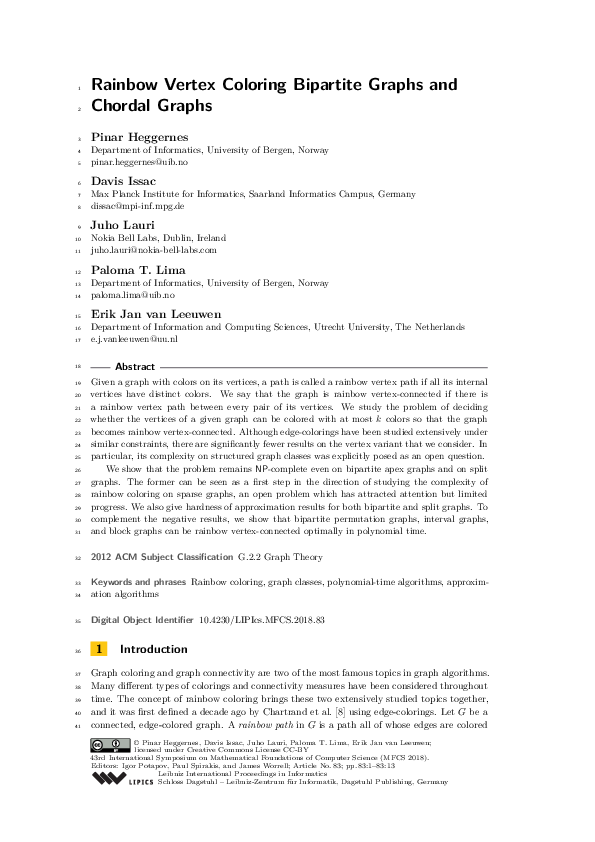 (PDF) Rainbow Vertex Coloring Bipartite Graphs and Chordal Graphs | Davis Issac - Academia.edu