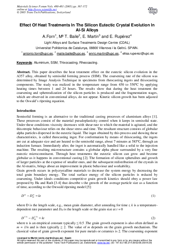 (PDF) Effect of Heat Treatments in the Silicon Eutectic Crystal ...