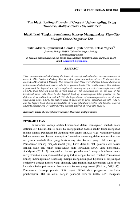 Pdf The Identification Of Levels Of Concept Understanding Using Three