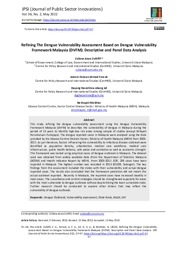Pdf Refining The Dengue Vulnerability Assessment Based On Dengue Vulnerability Framework