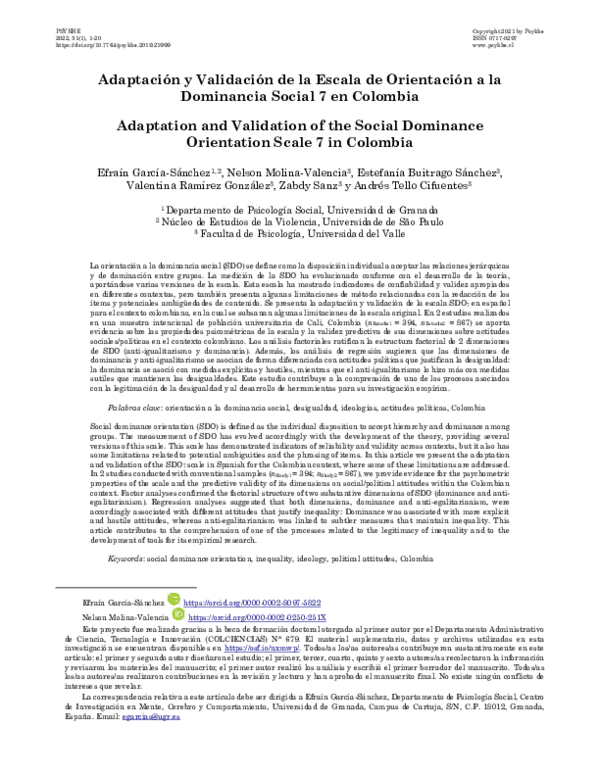 (PDF) Adaptación y Validación de la Escala de Orientación a la Dominancia Social 7 en Colombia ...