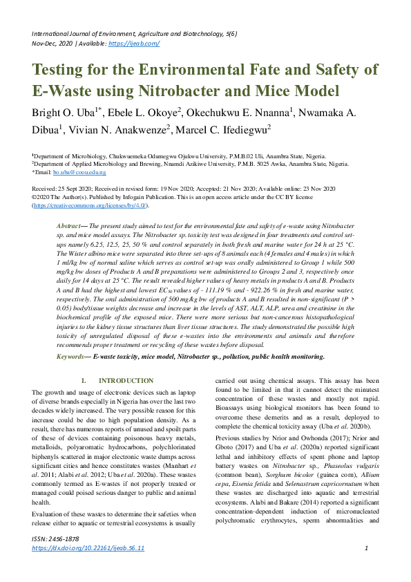(PDF) Testing for the Environmental Fate and Safety of E-Waste using ...