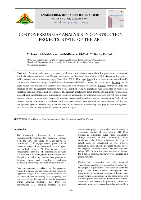(PDF) Cost Overrun Gap Analysis in Construction Projects: State -Of-The-Art