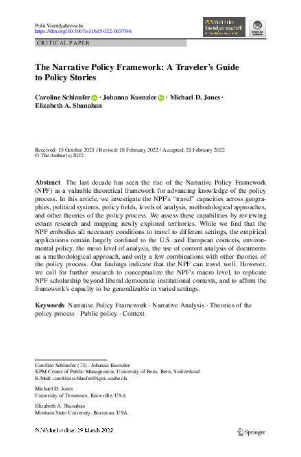 (PDF) The Narrative Policy Framework: A Traveler’s Guide to Policy Stories