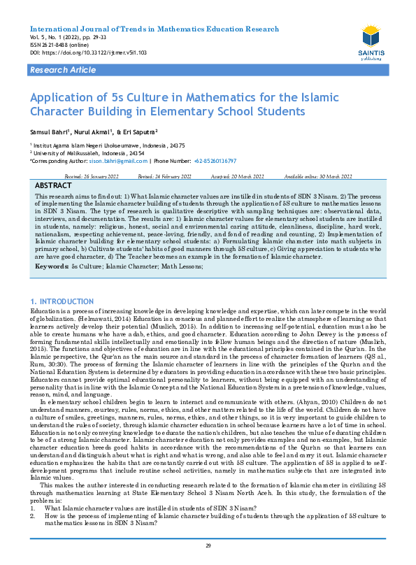 (PDF) Application of 5s Culture in Mathematics for the Islamic ...