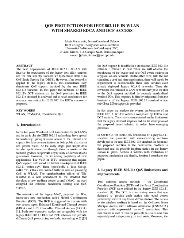 (PDF) QoS protection for IEEE 802.11E in WLAN with shared EDCA and DCF access
