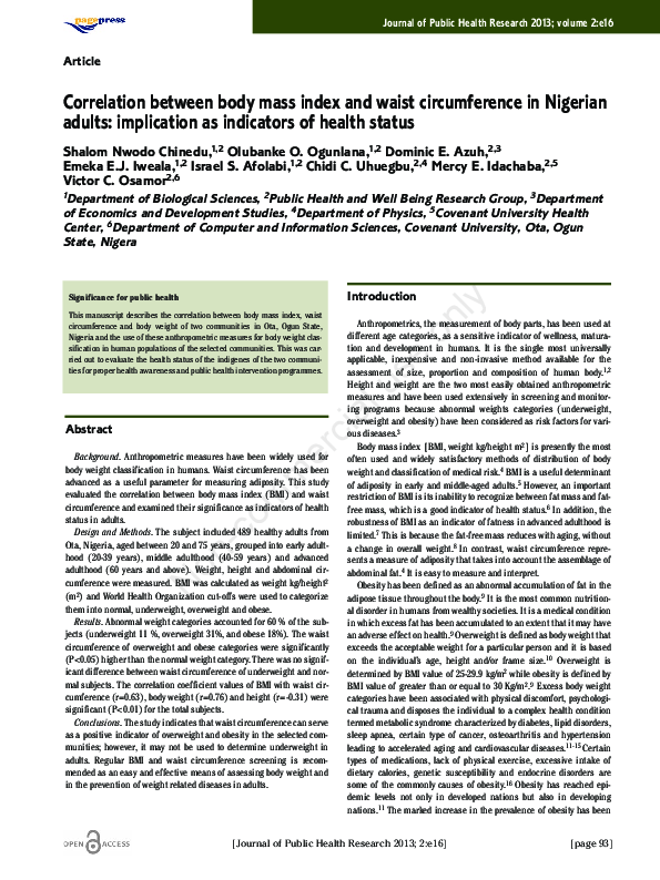 (PDF) Correlation between Body Mass Index and Waist Circumference in Nigerian Adults ...