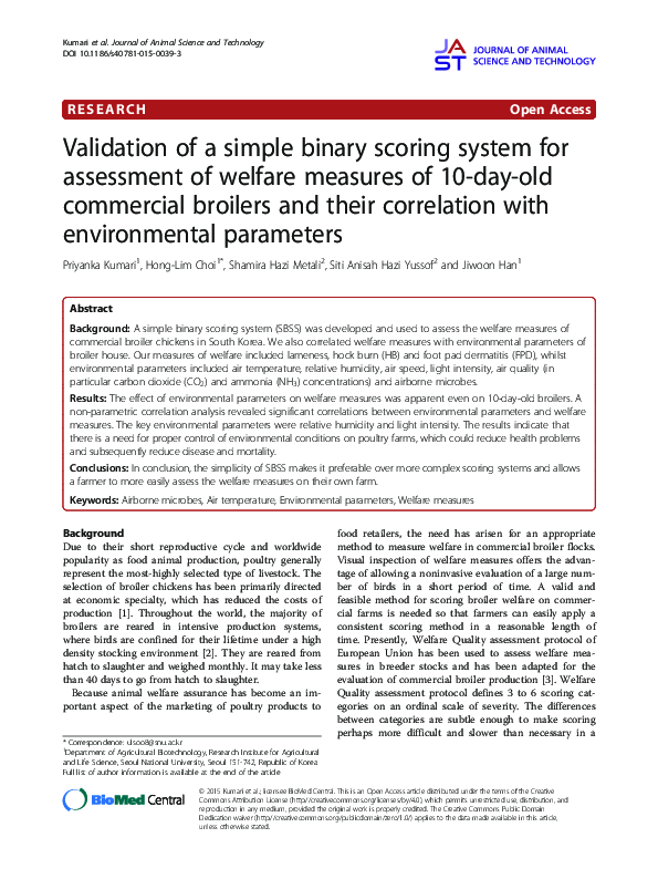 (PDF) Validation of a simple binary scoring system for assessment of welfare measures of 10-day ...