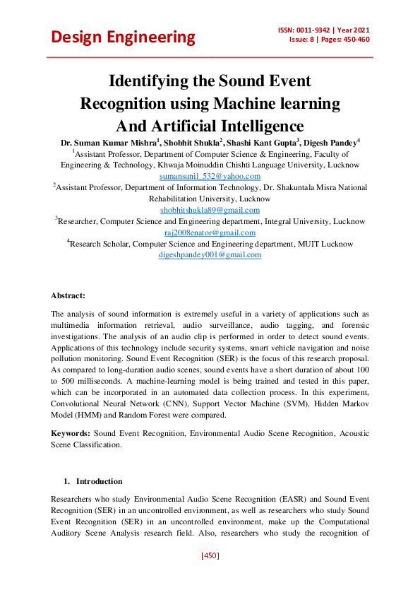 (PDF) Identifying the Sound Event Recognition using Machine learning And Artificial Intelligence