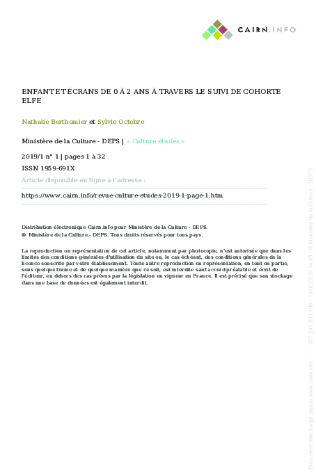(PDF) Enfant et écrans de 0 à 2 ans à travers le suivi de cohorte Elfe