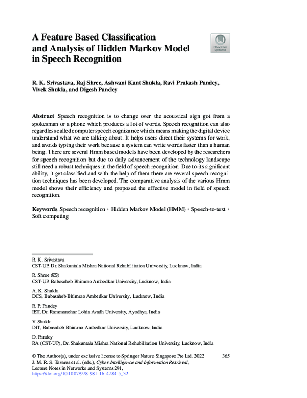 Pdf A Feature Based Classification And Analysis Of Hidden Markov Model In Speech Recognition