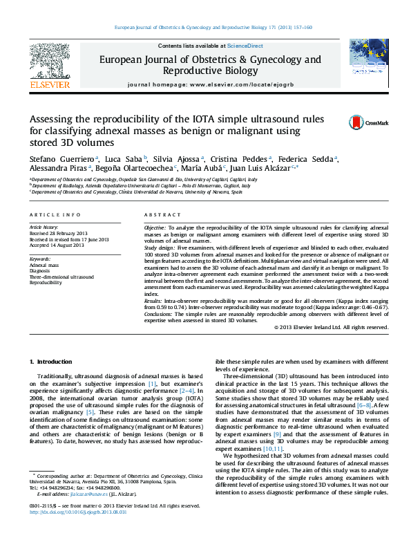 (PDF) Assessing the reproducibility of the IOTA simple ultrasound rules ...