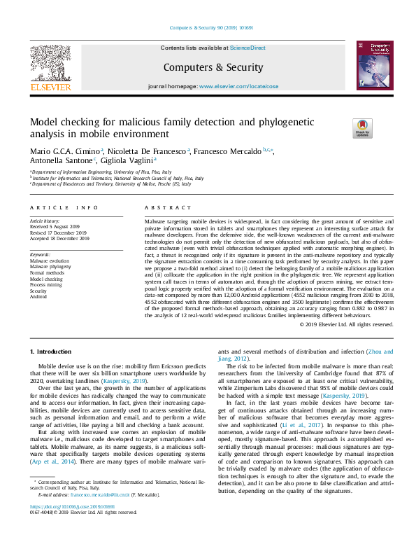(PDF) Model checking for malicious family detection and phylogenetic analysis in mobile ...