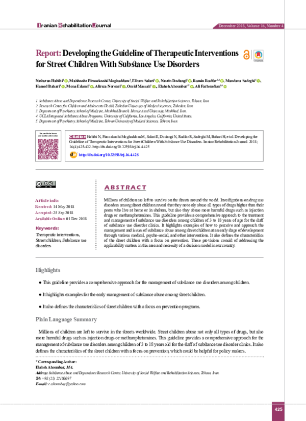 (PDF) Developing the Guideline of Therapeutic Interventions for Street Children With Substance ...