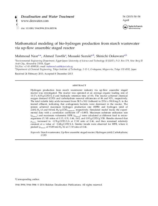 (PDF) Mathematical modeling of bio-hydrogen production from starch wastewater via up-flow ...