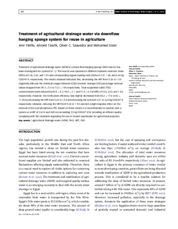 Pdf Treatment Of Agricultural Drainage Water Via Downflow Hanging Sponge System For Reuse In