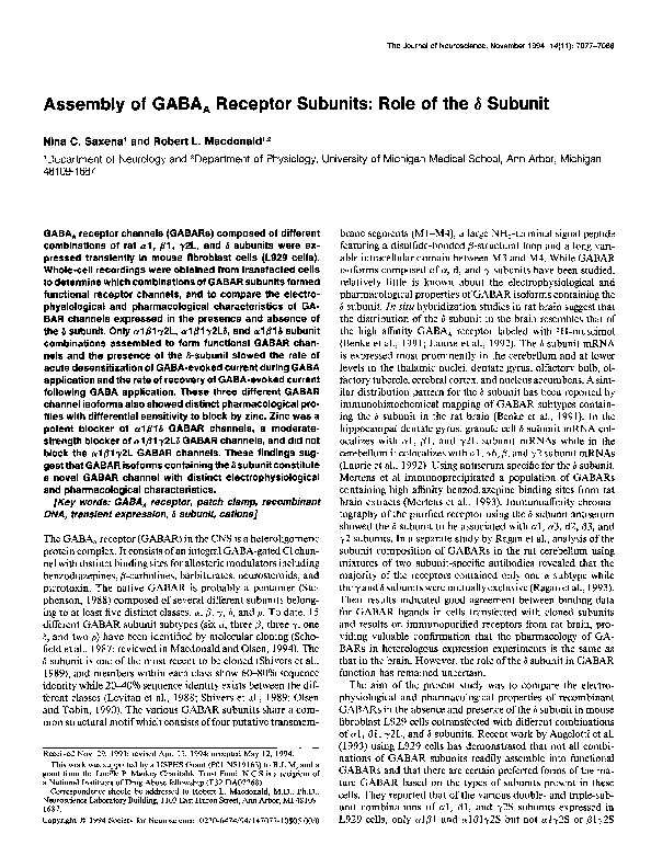 (PDF) Assembly of GABAA receptor subunits: role of the delta subunit