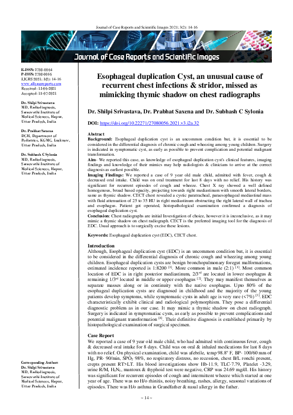 (PDF) Esophageal duplication Cyst, an unusual cause of recurrent chest ...