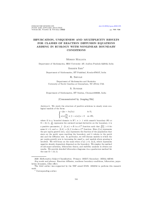 (PDF) Bifurcation, uniqueness and multiplicity results for classes of reaction diffusion ...