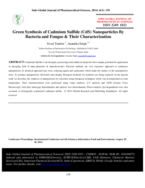 (PDF) Green Synthesis of Cadmium Sulfide (CdS) Nanoparticles By ...