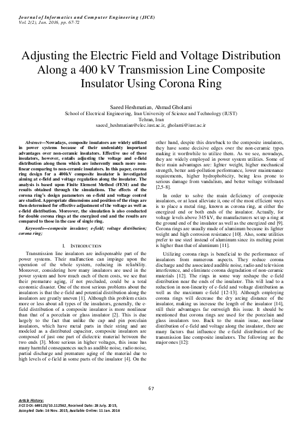 (PDF) Adjusting the electric field and voltage distribution along a 400 kV transmission line ...