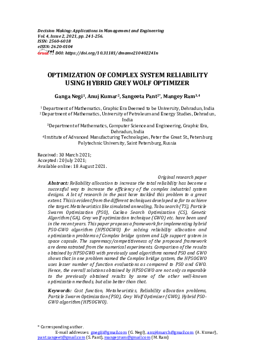 (PDF) Optimization of Complex System Reliability using Hybrid Grey Wolf Optimizer