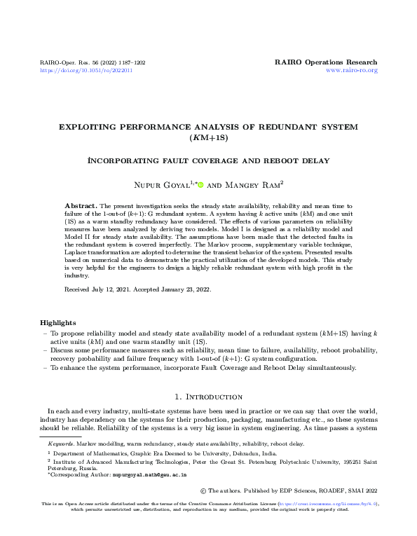 (PDF) Exploiting Performance Analysis of Redundant System (KM+1S)