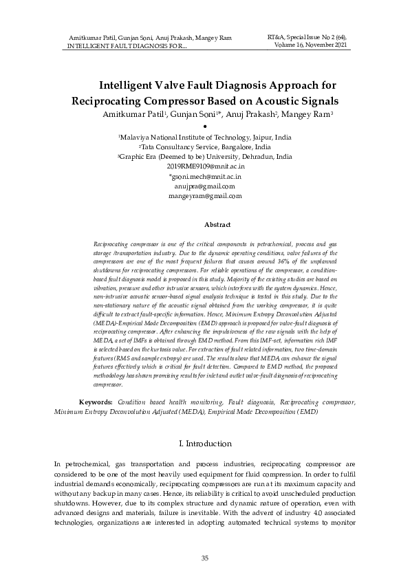 (PDF) Intelligent Valve Fault Diagnosis Approach for Reciprocating Compressor Based on Acoustic ...