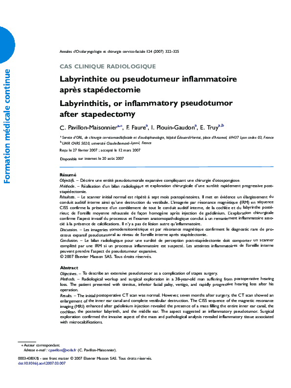 (PDF) Labyrinthite ou pseudotumeur inflammatoire après stapédectomie